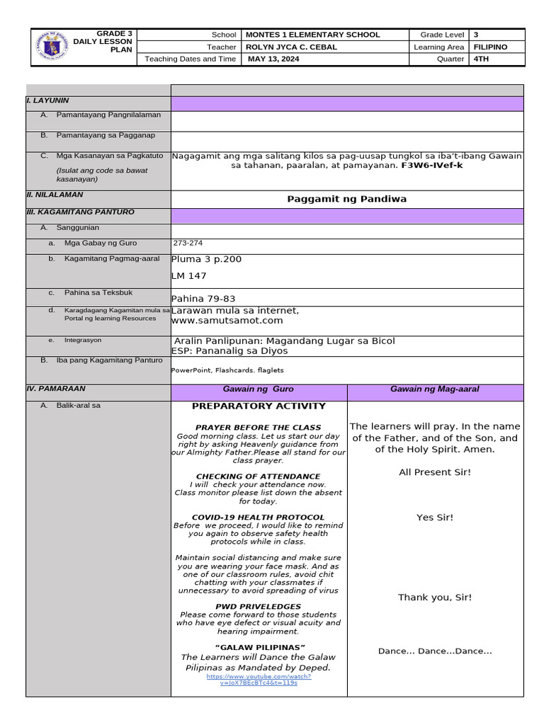 LESSON PLAN GRADE 3filipino | PDF | Songs | Performing Arts
