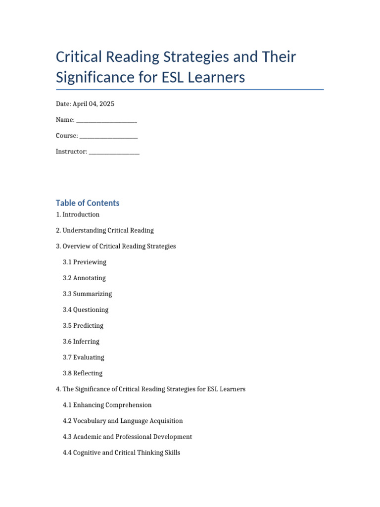 Critical Reading Strategies for ESL Learners | PDF | Reading ...