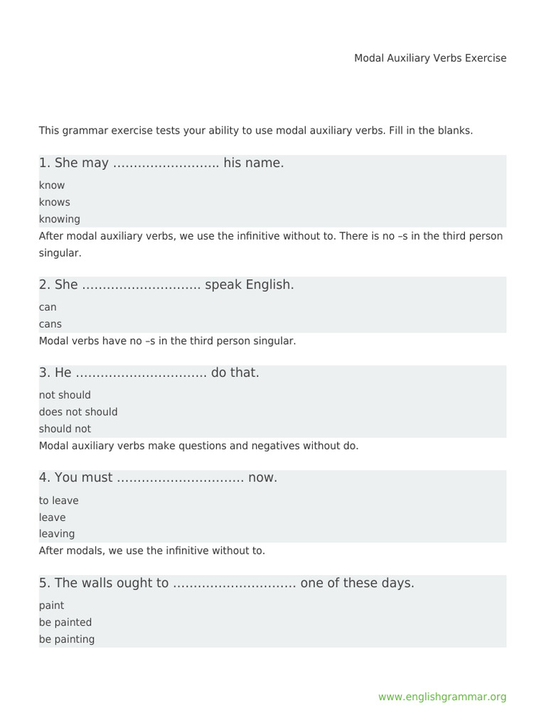 Modal Auxiliary Verbs Exercise | PDF | Verb | Linguistic Typology