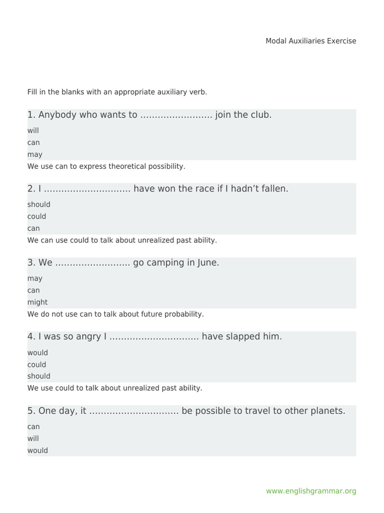 Modal Auxiliaries Exercise | PDF | Linguistic Morphology | Language Mechanics