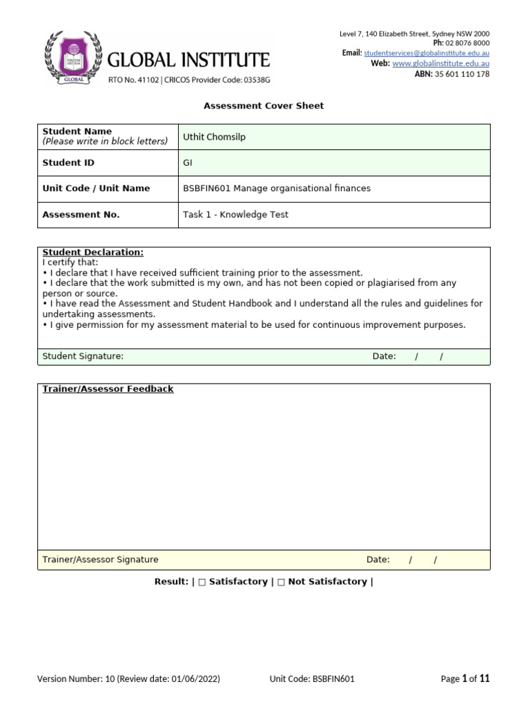 BSBFIN601 l Assessment task 1 | PDF | Expense | Business Economics
