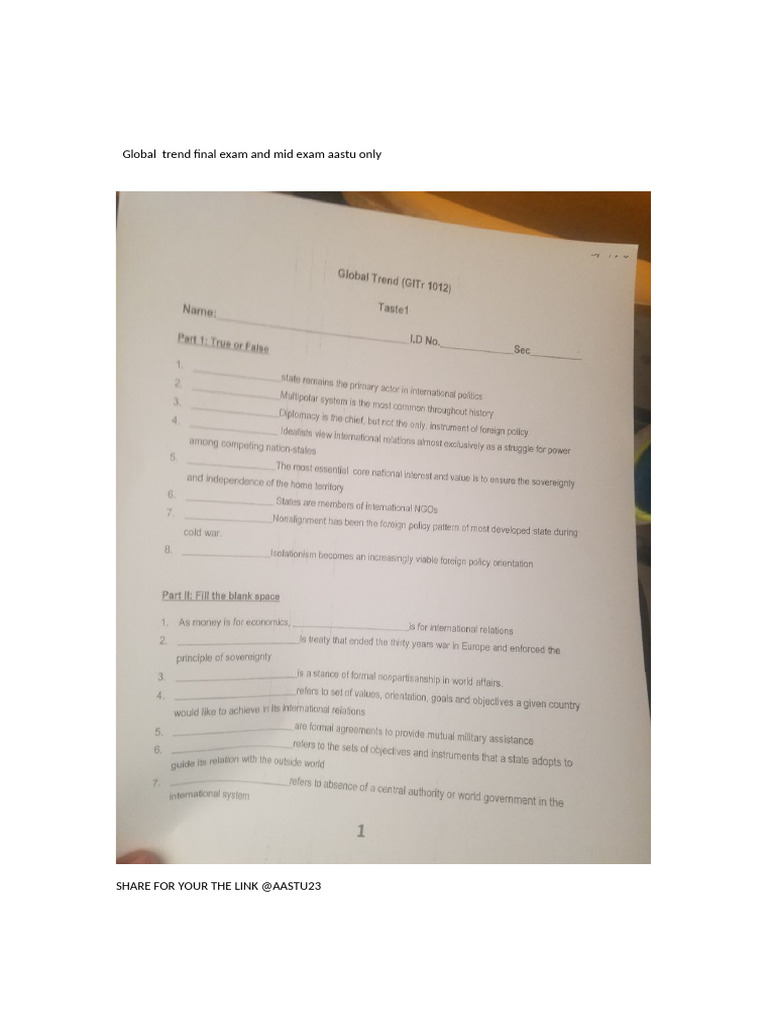 AASTU Global Trend Exam Resources | PDF