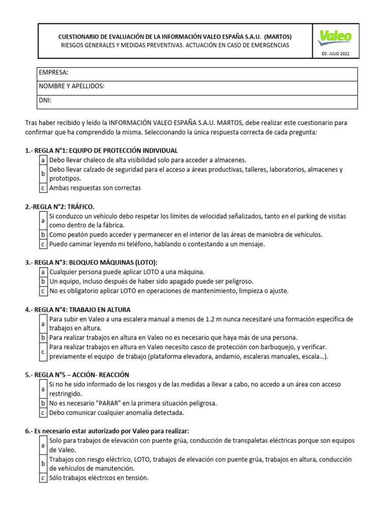 Cuestionario Información de Riesgos de Valeo - Julio 2022 | PDF