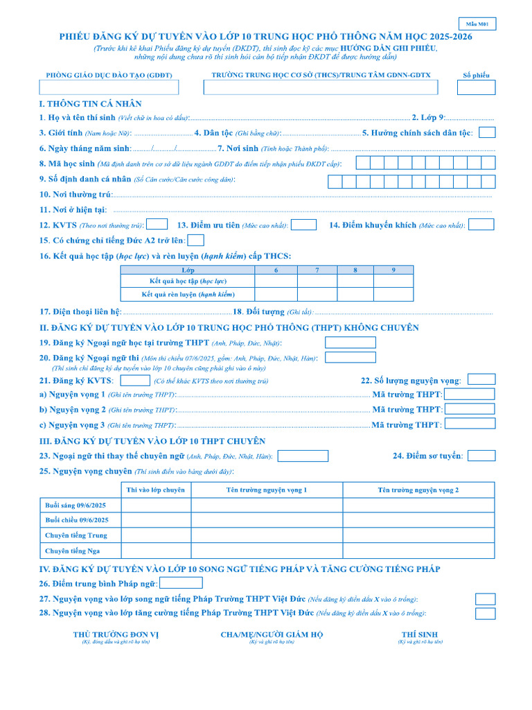 25.3.2025 Phieu ĐKDT Vào 10 THPT - 2025-2026 (Don Xanh) | PDF