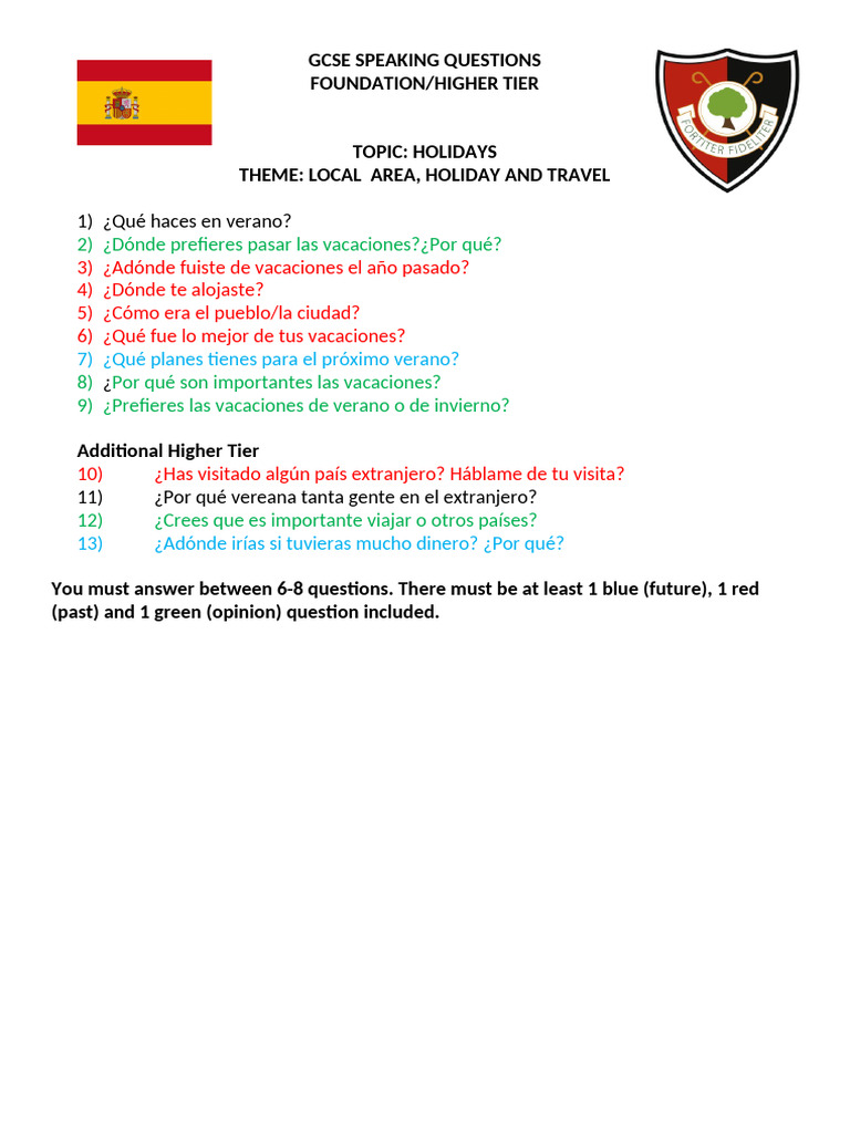 Preguntas de Speaking GCSE: Vacaciones | PDF