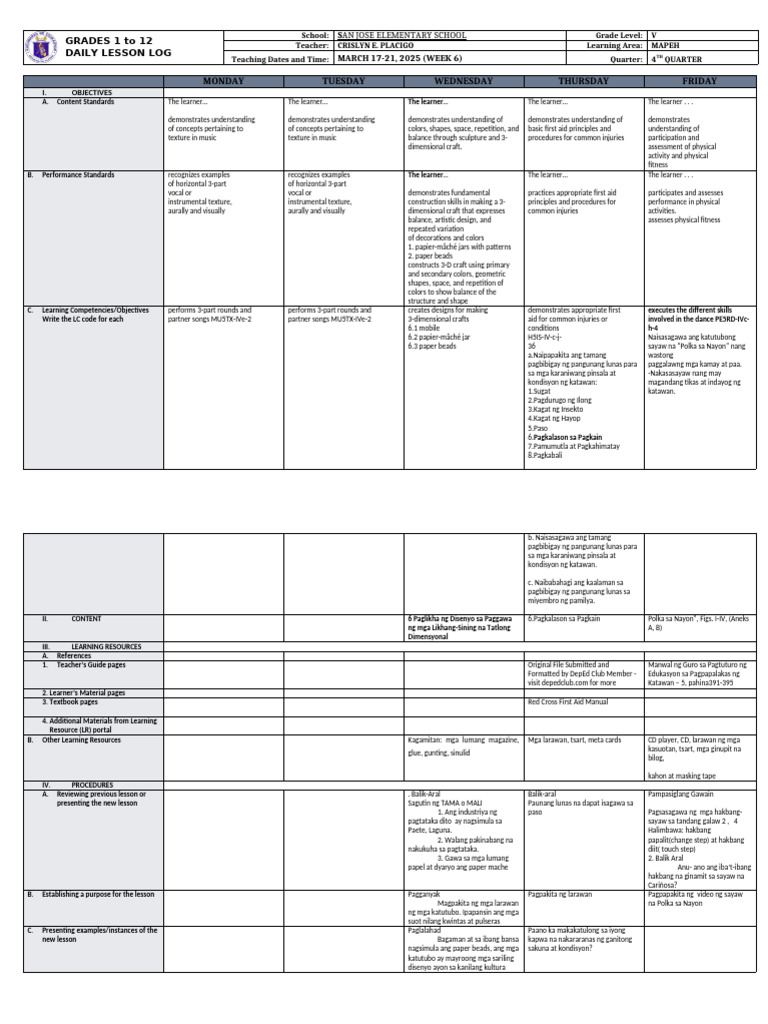 DLL_MAPEH 5_Q4_W6 (1) | PDF
