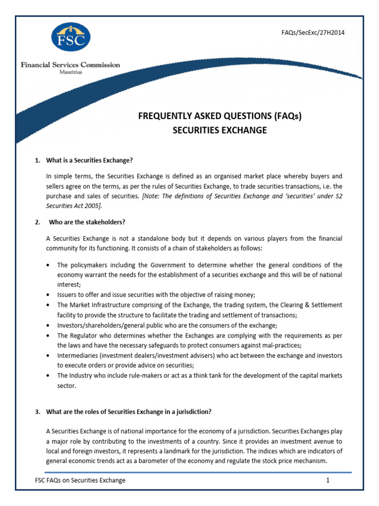 Securities Exchange FAQs and Roles | PDF | Securities (Finance) | Stock ...