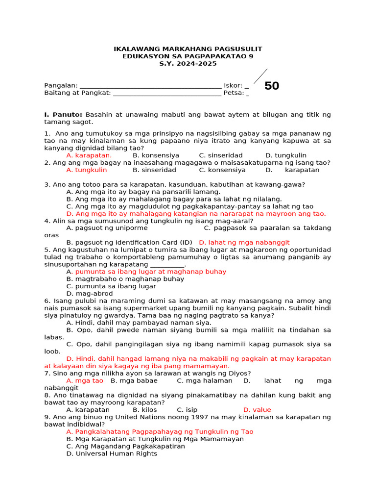 FINAL ESP9 EXAMINATION Q2 ANSWER KEY WITH TOS 38 Days | PDF