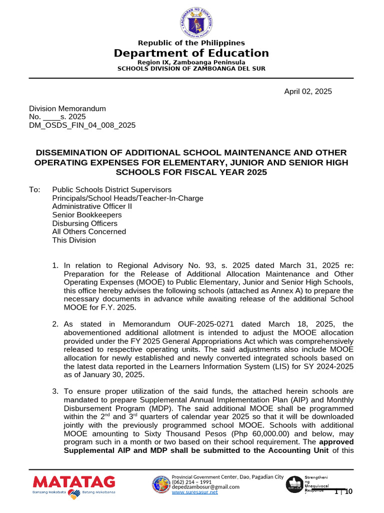 MOOE Allocation for GSIS Village ES 2025 | PDF | Government | Philippines