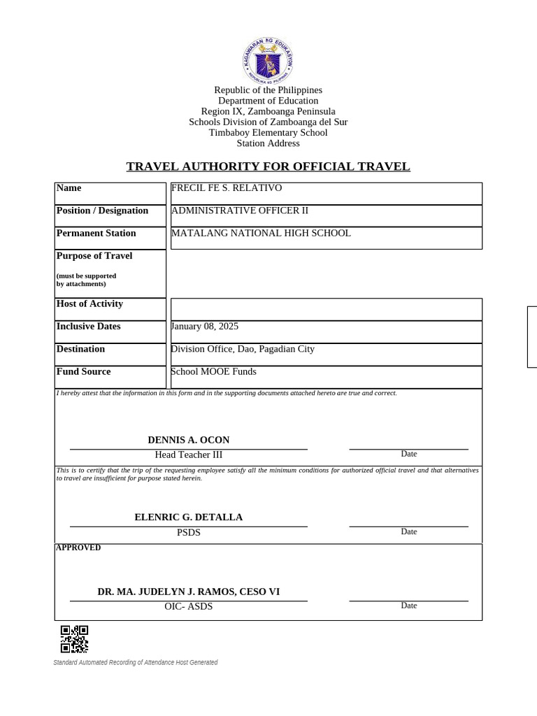 Authority To Travel Template | PDF