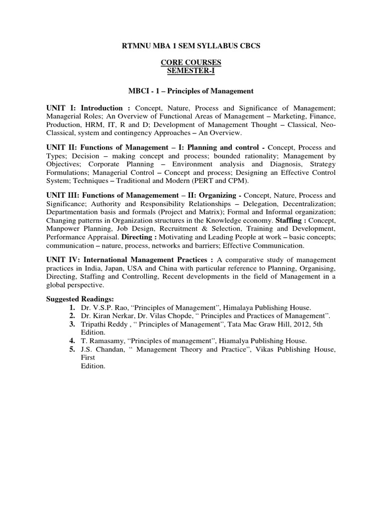 RTMNU MBA 1st Semester Syllabus | PDF | Marketing | Capital Budgeting