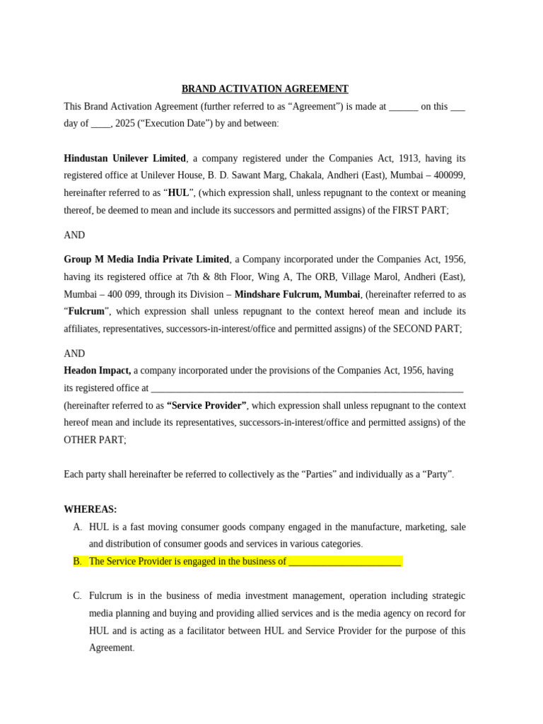 BRAND ACTIVATION AGREEMENT - Headon Impact | PDF | Damages | Legal ...