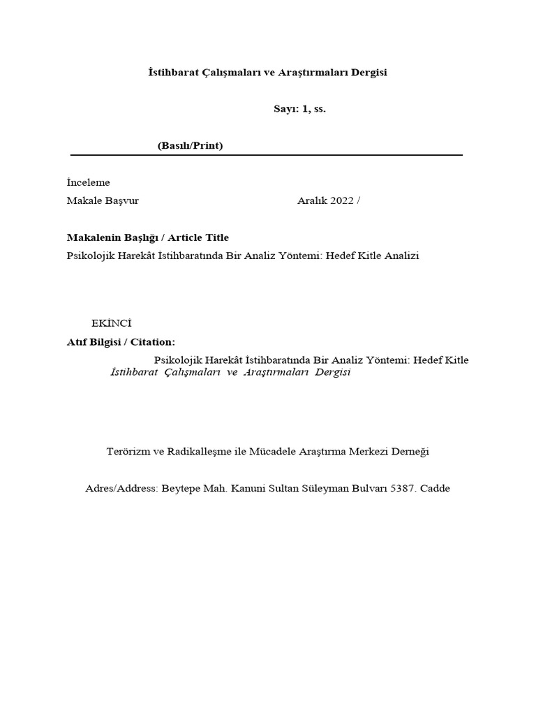 Psikolojik Harek - T - Stihbarat - Nda Bir Analiz Y - Ntemi - Hedef Kitle Analizi ( | PDF