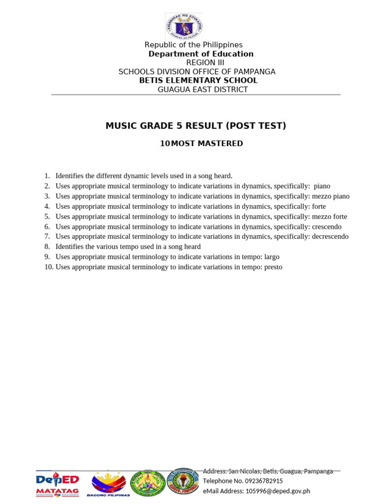 Music 5 10 Most and 10 Least (Post Test 2024-2025) | PDF | Tempo ...
