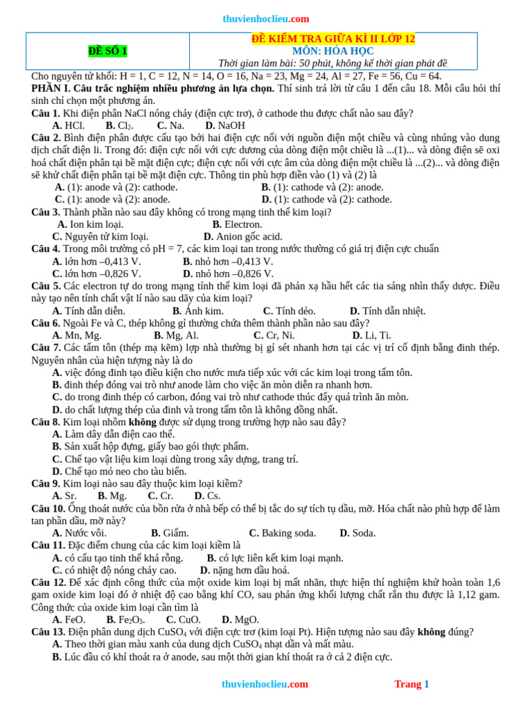 Thuvienhoclieu.com Bo 5 de Kiem Tra Giua HK2 Hoa 12 Nam 24 25 | PDF