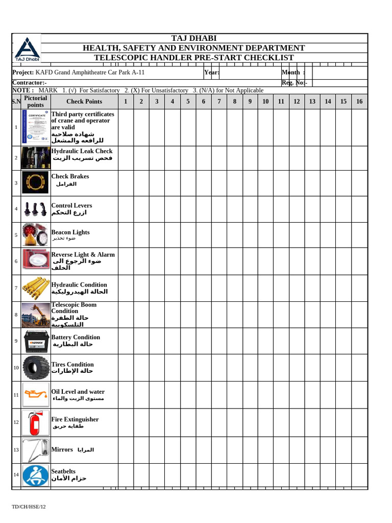 Telescopic Handler Pre-Start Checklist 1st 15-Days | PDF