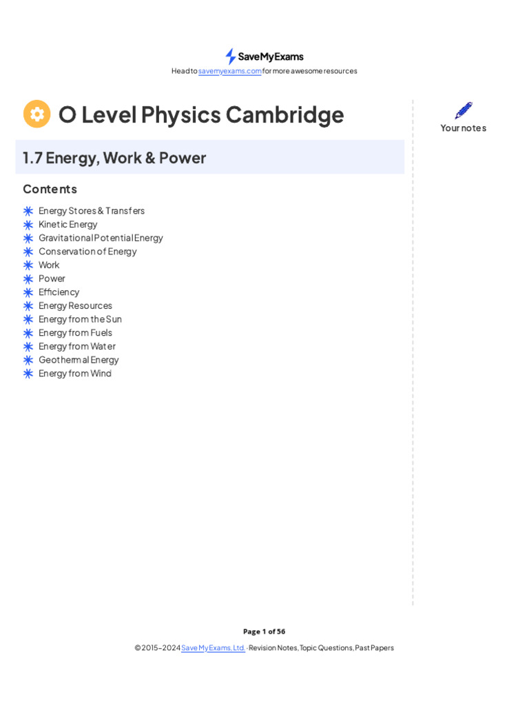 O Level Physics: Energy, Work & Power | PDF | Solar Energy | Energy ...