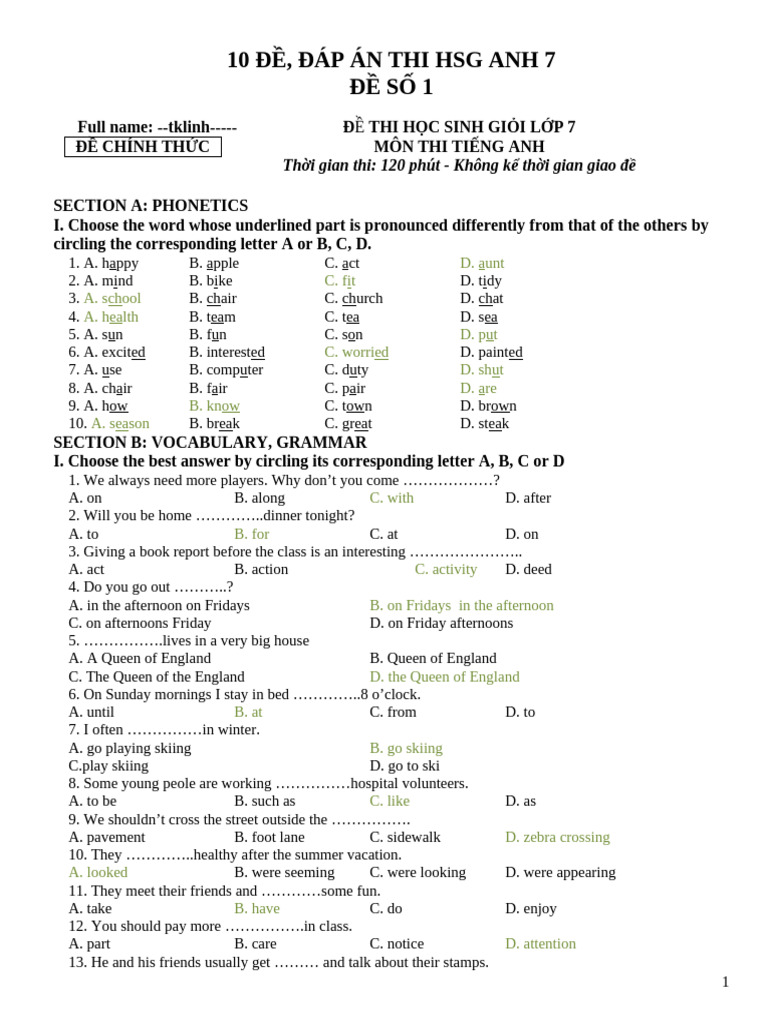 Tuyen Tap de Thi HSG Anh 7 | PDF