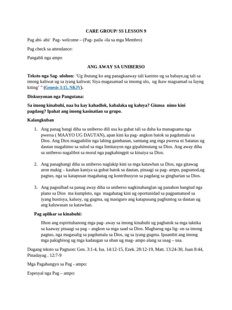 Care Group Ss Lesson 9 Cebuano | PDF