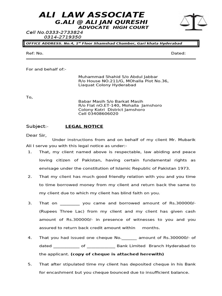 Legal Notice for Bounced Cheque Payment | PDF | Banks | Cheque