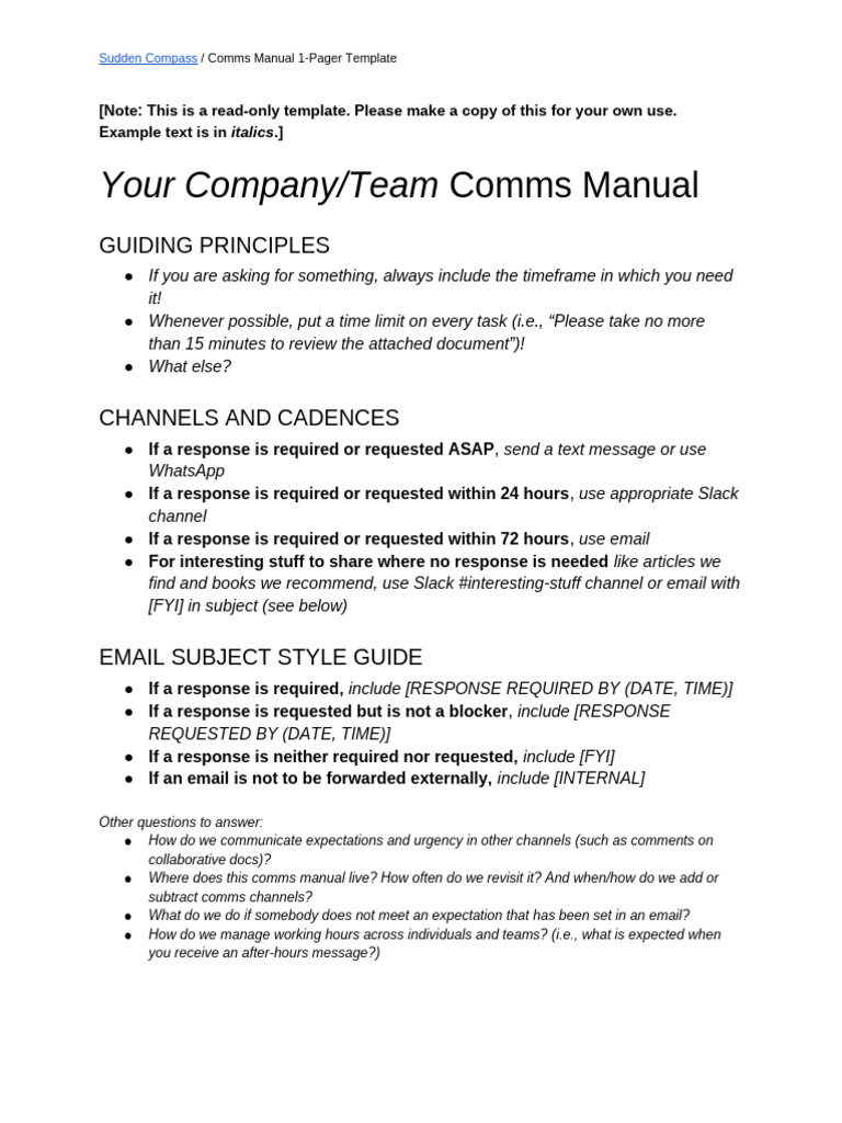 Comms Manual 1-Pager Template | PDF
