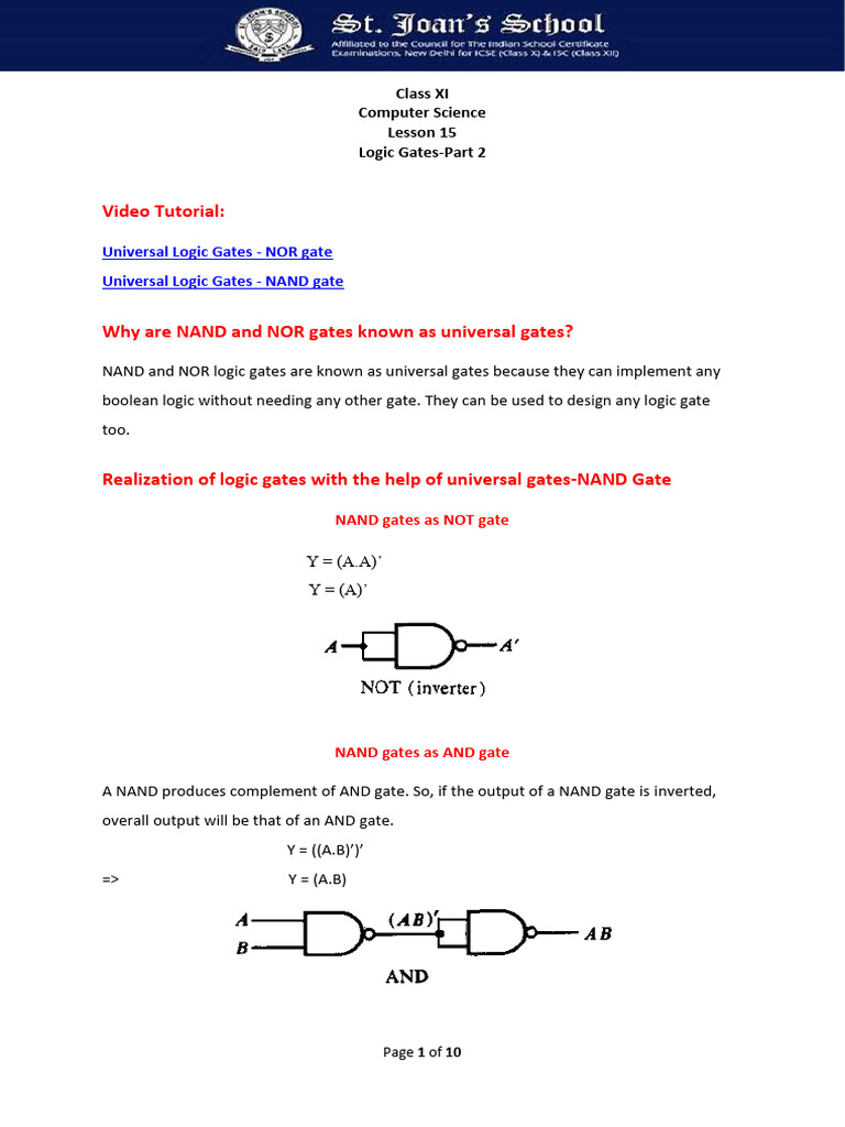 Class Xi Computer Science Lesson 15 Logic Gates Part 2 Session 2023 24 Pdf Logic Gate