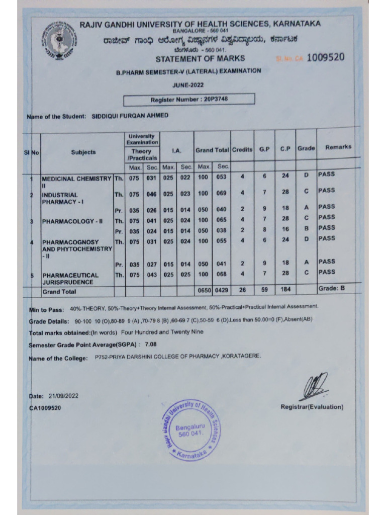B.Pharm Semester V Marks Statement | PDF | Pharmaceutical Sciences ...