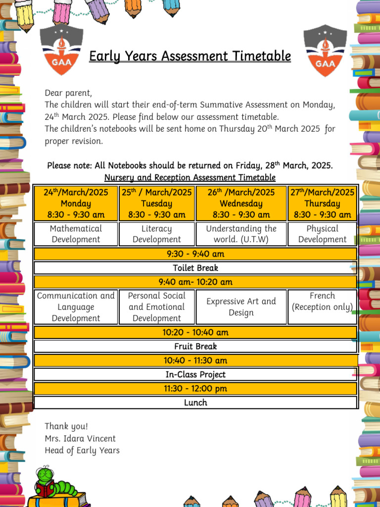 Early Years Assessment Schedule 2025 | PDF