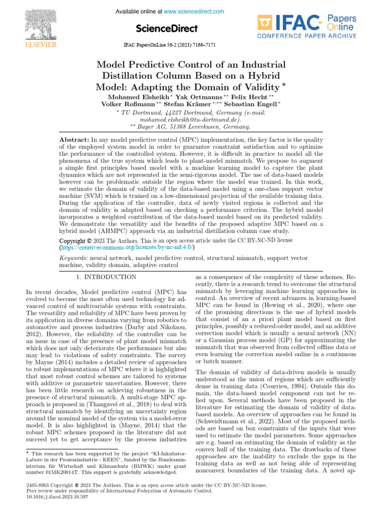 Model Predictive Control of an Industrial Distillation Column Based on a Hybrid Model Adapting ...