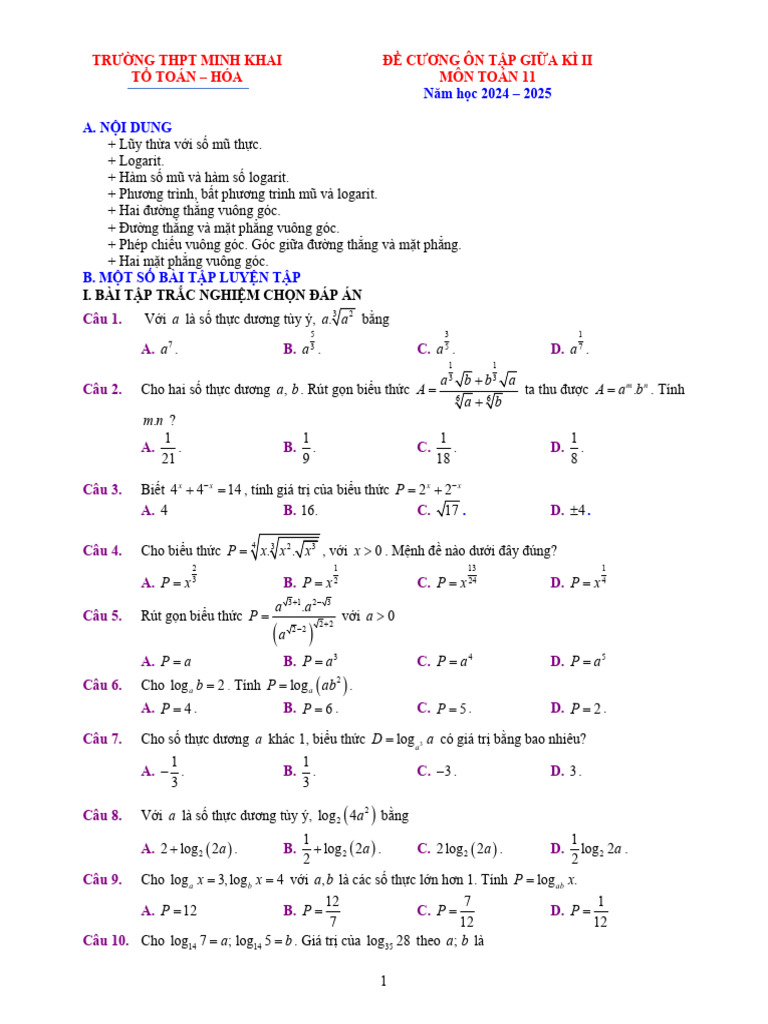 ĐÁP ÁN Đề cương ôn tập GK2 - Toán 11 - 2024 - 2025 | PDF