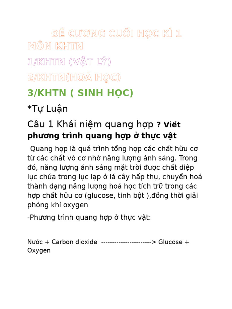 Đề Cương Cuối Học Kì 1 Môn Khtn | PDF