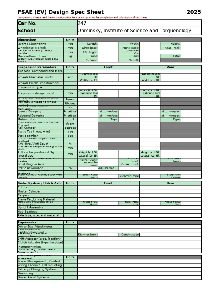 2025 FSAE Design EV Spec Sheet Template | PDF | Transportation Engineering | Automotive Industry