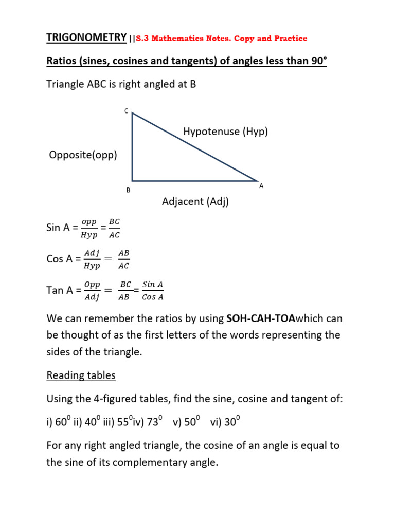 S 3 Maths Trigonometrics Notes 2020 Pdf Trigonometry