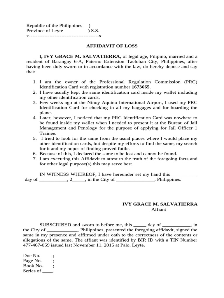Affidavit of Loss for PRC ID Card | PDF