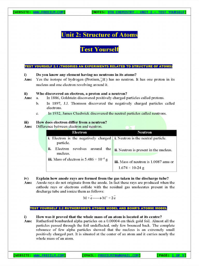 9th Chemistry Ch2 Test Yourself | PDF