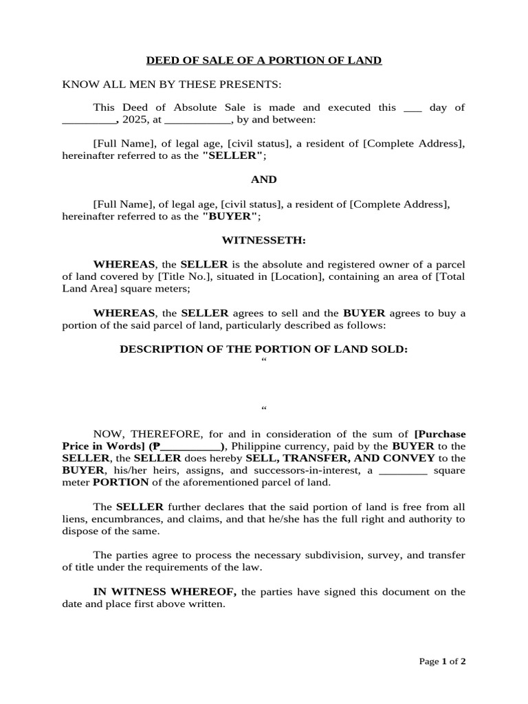 Deed of Sale for Land Portion | PDF | Sales | Natural Resources Law