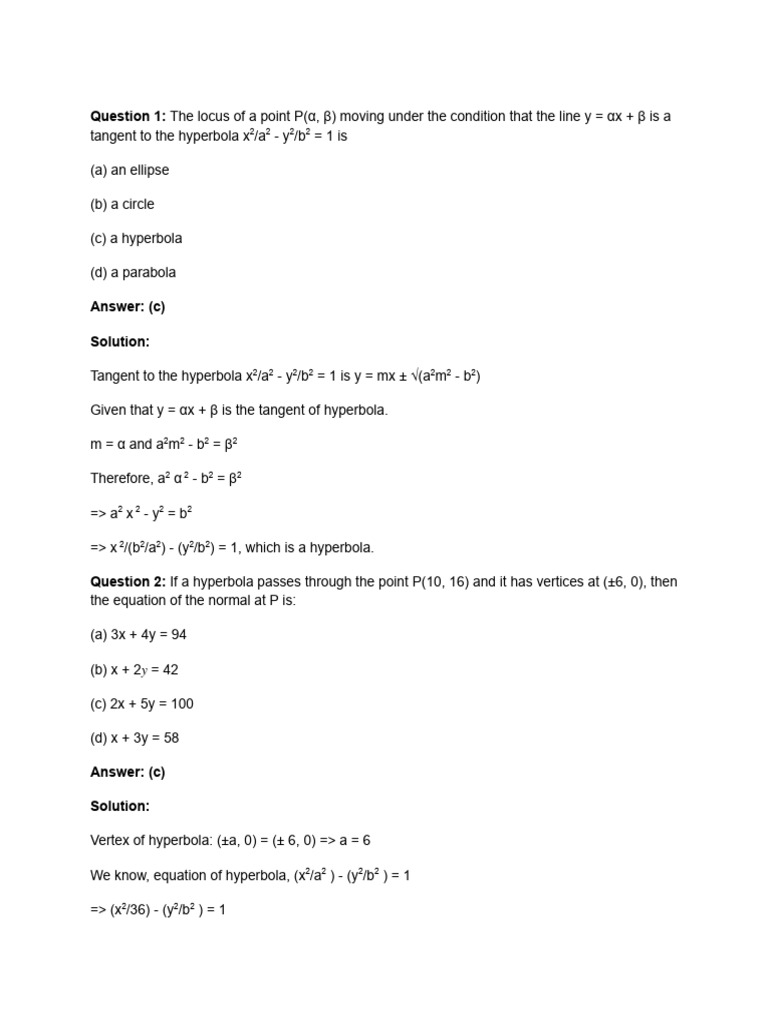 JEE Main Past Year Questions With Solutions On Hyperbola | PDF | Ellipse | Geometric Shapes