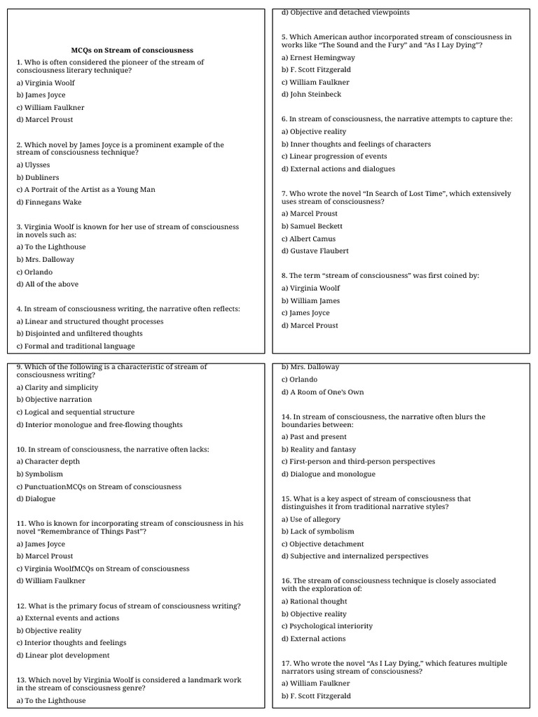 Stream of Consciousness MCQs Guide | PDF | To The Lighthouse