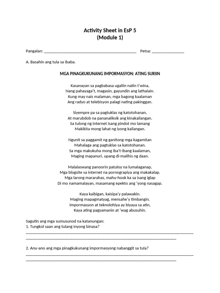 Activity Sheet in EsP 5 | PDF