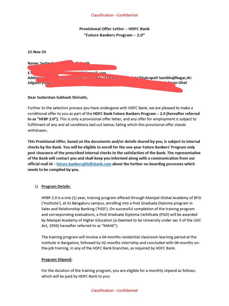 HDFC Future Bankers Program Offer Letter | PDF | Fee