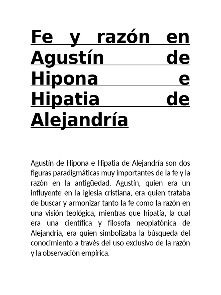 Fe y Razón en Agustín de Hipona e Hipatia de Alejandría | PDF | Razón | Conocimiento