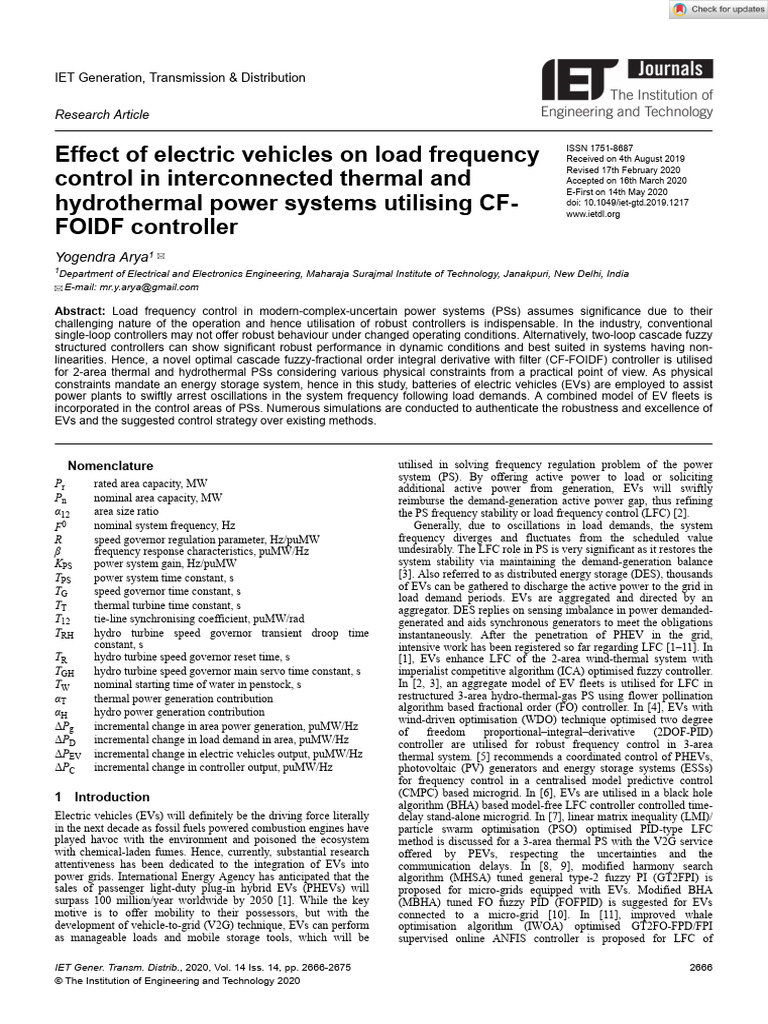 Iet Generation Trans Dist 2020 Arya Effect Of Electric Vehicles On Load Frequency Control