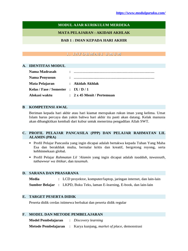 Modul Ajar Akidah Akhlak Kelas 9 Bab 1 | PDF