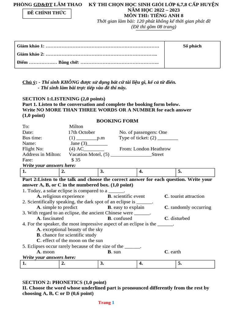 De Thi HSG ANH 8 Huyen Lam Thao 22 23 | PDF | Inn | Eclipse