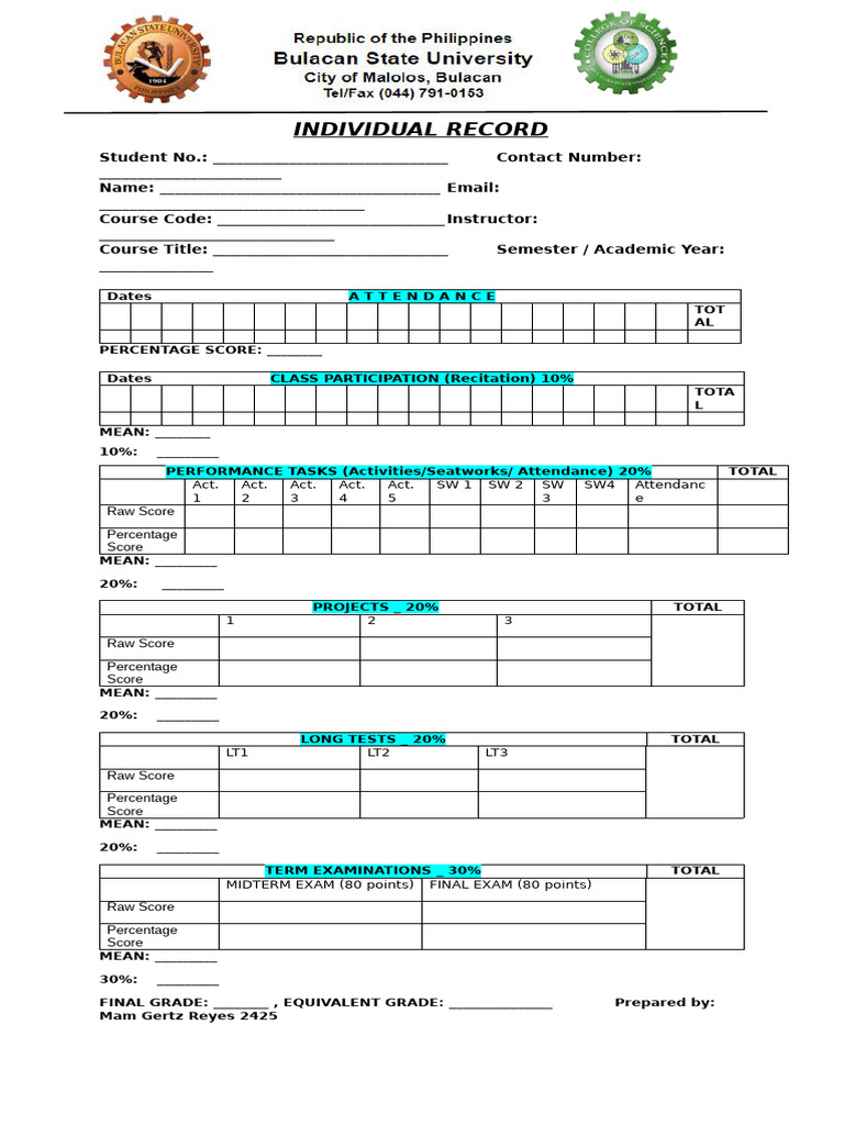 Student Performance Record Template | PDF