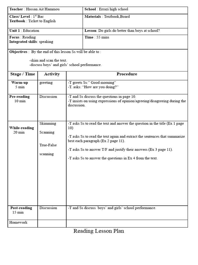 Lesson Plan-Reading Do Girls Do Better Than Boys at School | PDF