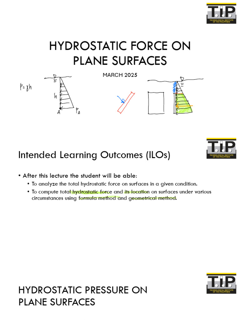Hydrostatic Force On Plane Surfaces 1 | PDF | Pressure | Fluid Mechanics