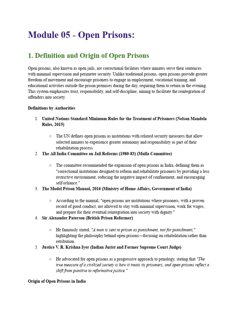 P. & V. Module - 5, Open Prison | PDF | Prison | Rehabilitation (Penology)