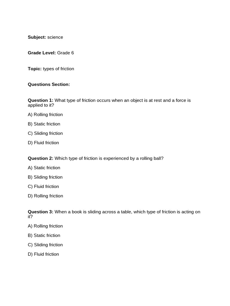 Science Quiz#1 Friction | PDF | Friction | Force