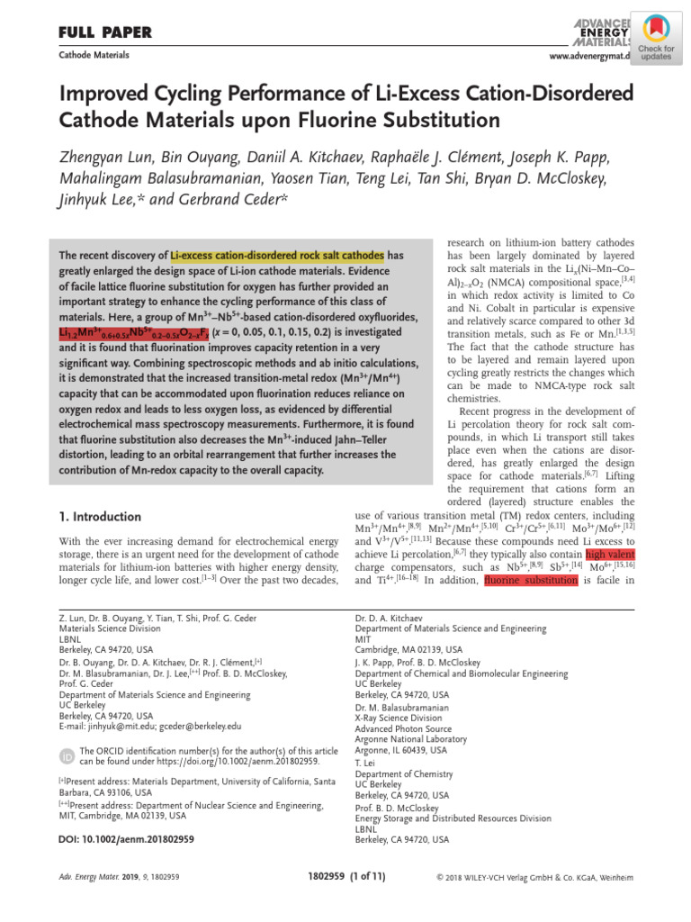 Improved Cycling Performance of Li-Excess Cation-Disordered Cathode ...